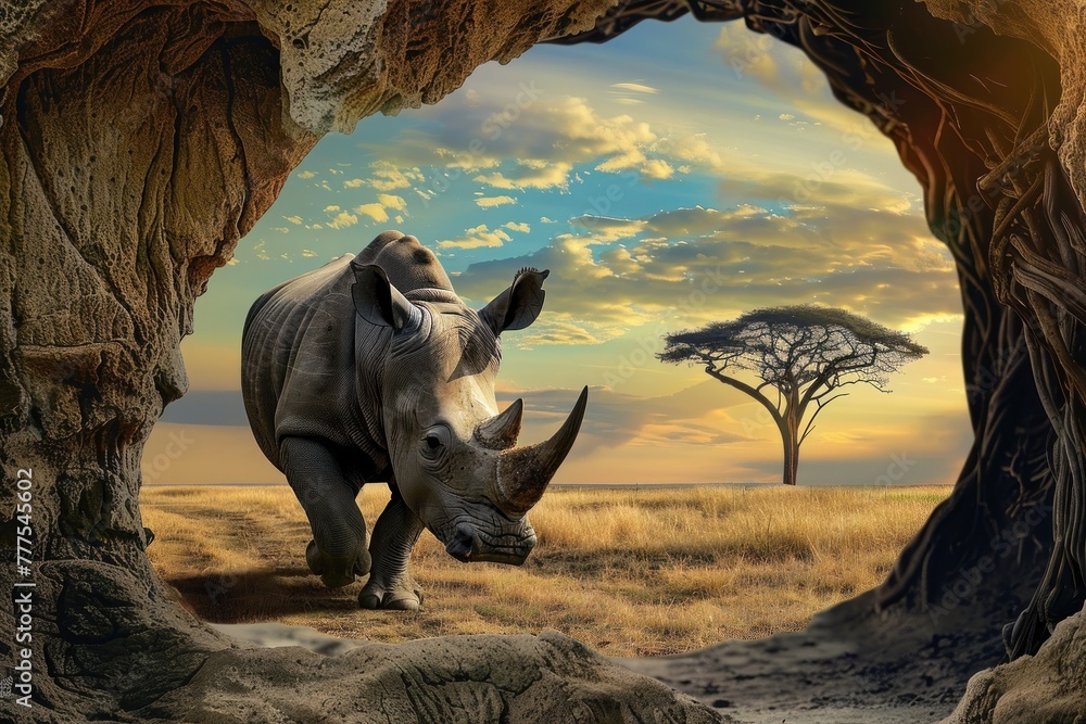 An atmospheric image showcasing a rhino in motion in its natural ...