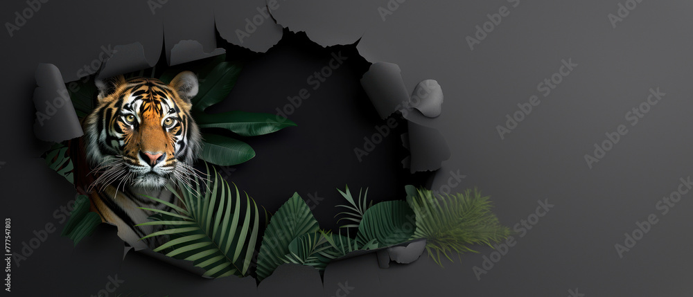 Render of a powerful tiger gazing through a torn black paper ...