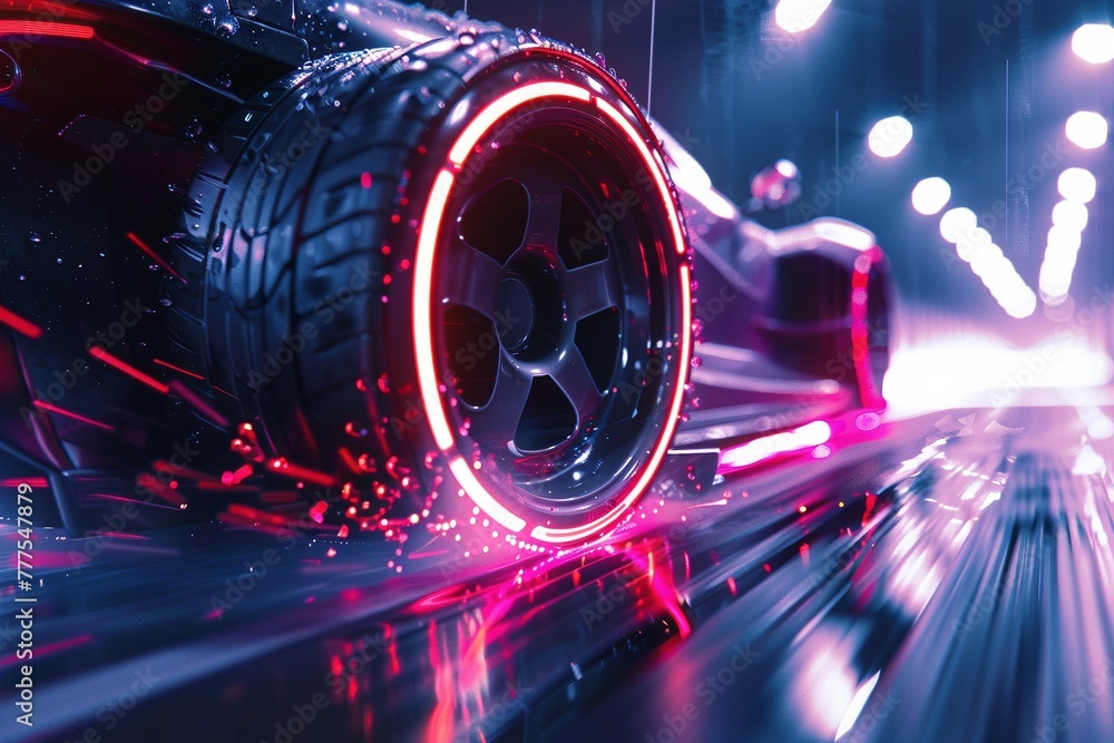 Hyper-detailed close-up of a car racing wheel, its dark surface covered ...