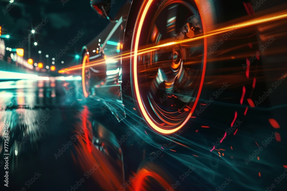Hyper-detailed close-up of a car racing wheel, its dark surface covered ...