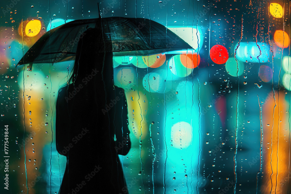 Woman stands by a window, looking out at city lights, in thought, a ...