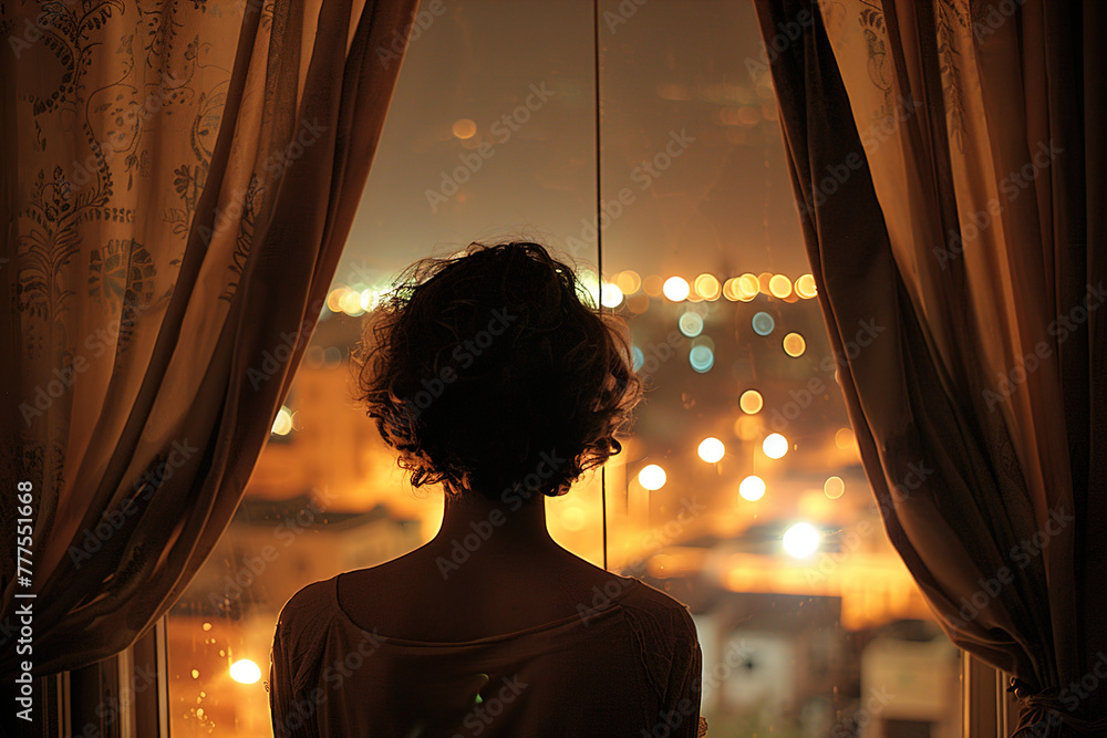 Woman stands by a window, looking out at city lights, in thought, a ...