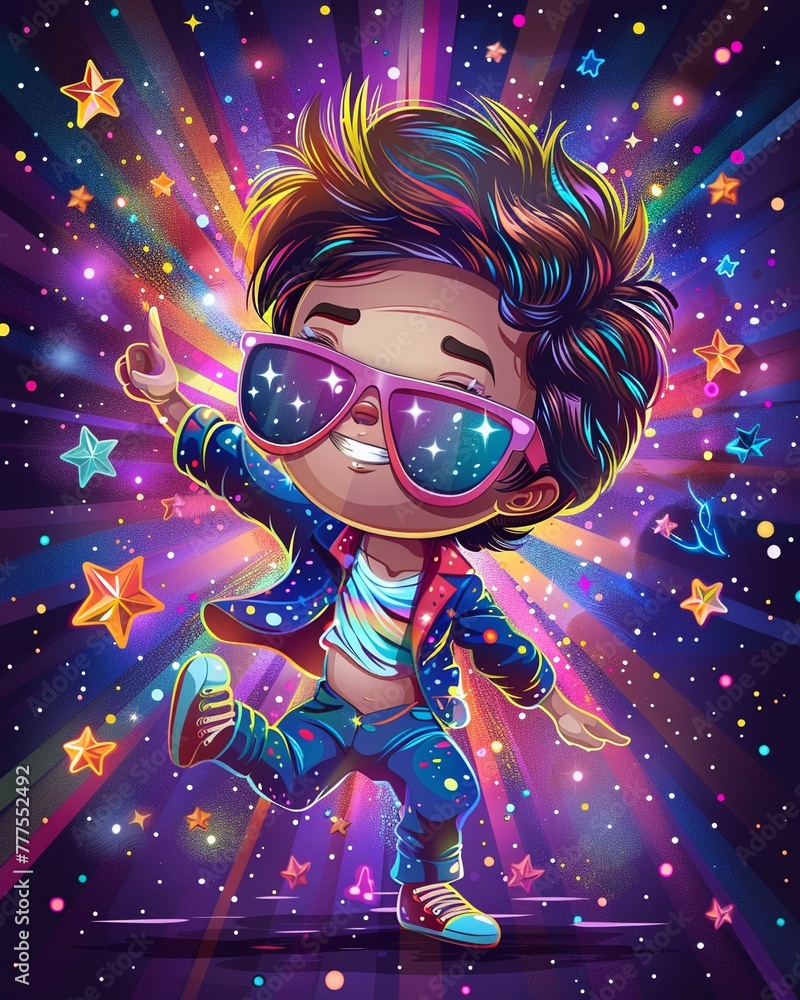 Disco king cartoon, cool sunglasses, dynamic leap, low angle, disco era ...
