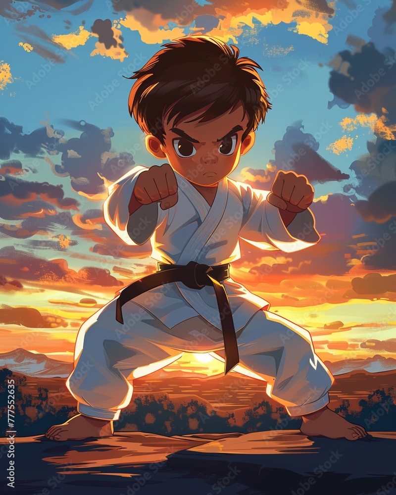 Kung fu boy cartoon, white kimono, focused look, low front angle ...