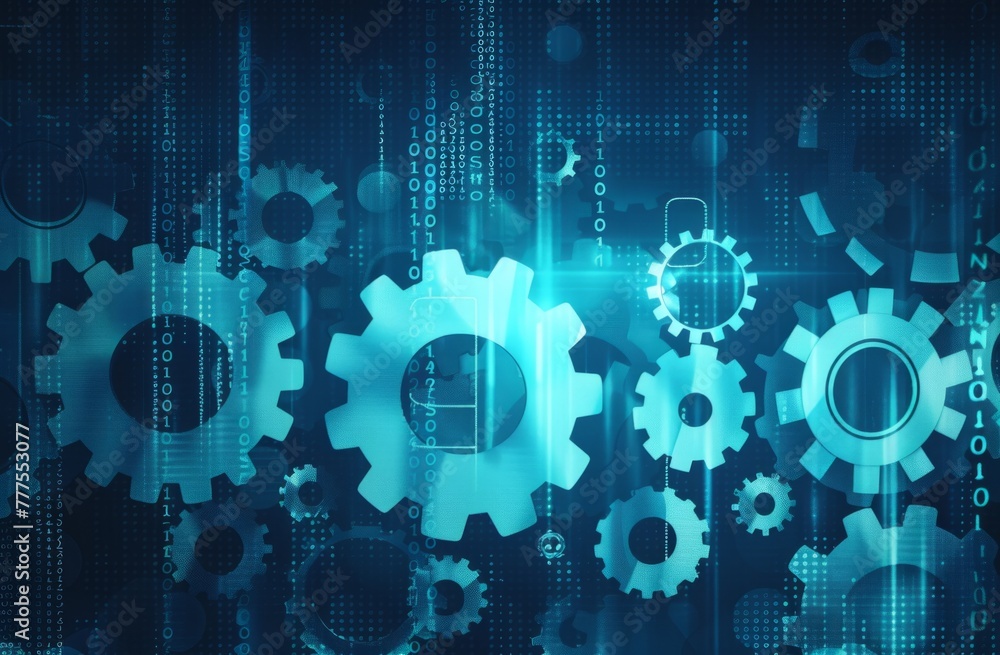 Gears and binary code on a blue background digital technology concept ...