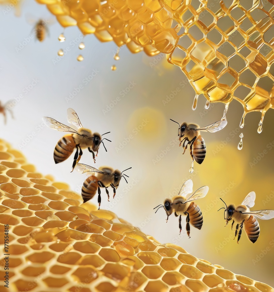 A dynamic close-up of honey bees mid-flight, with wings aflutter around ...