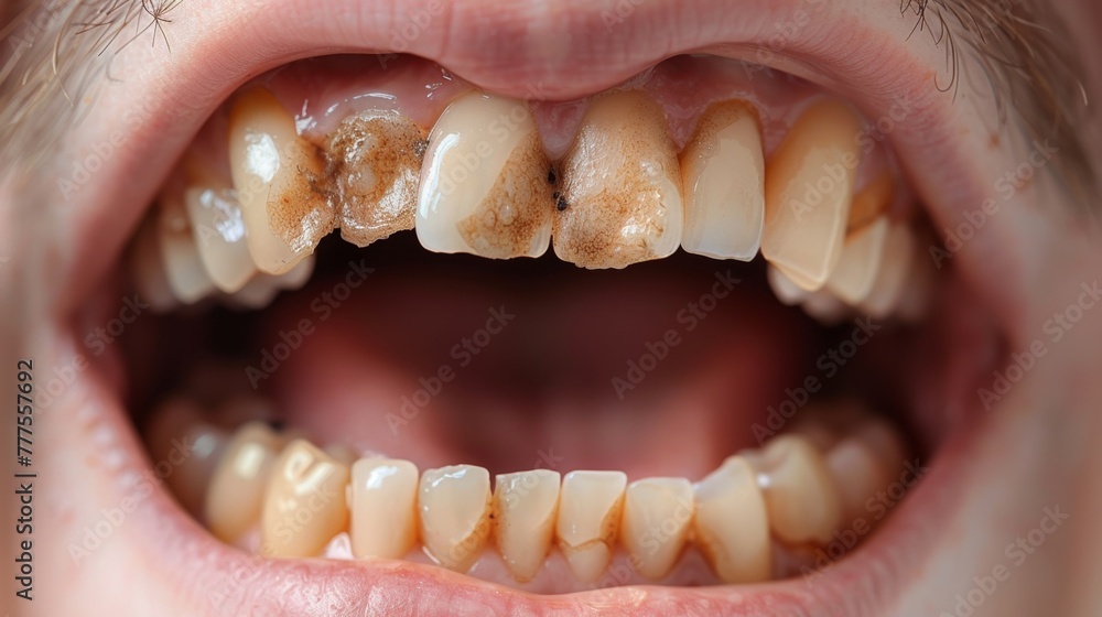 Upper teeth display severe decay, enamel erosion, and dark ...