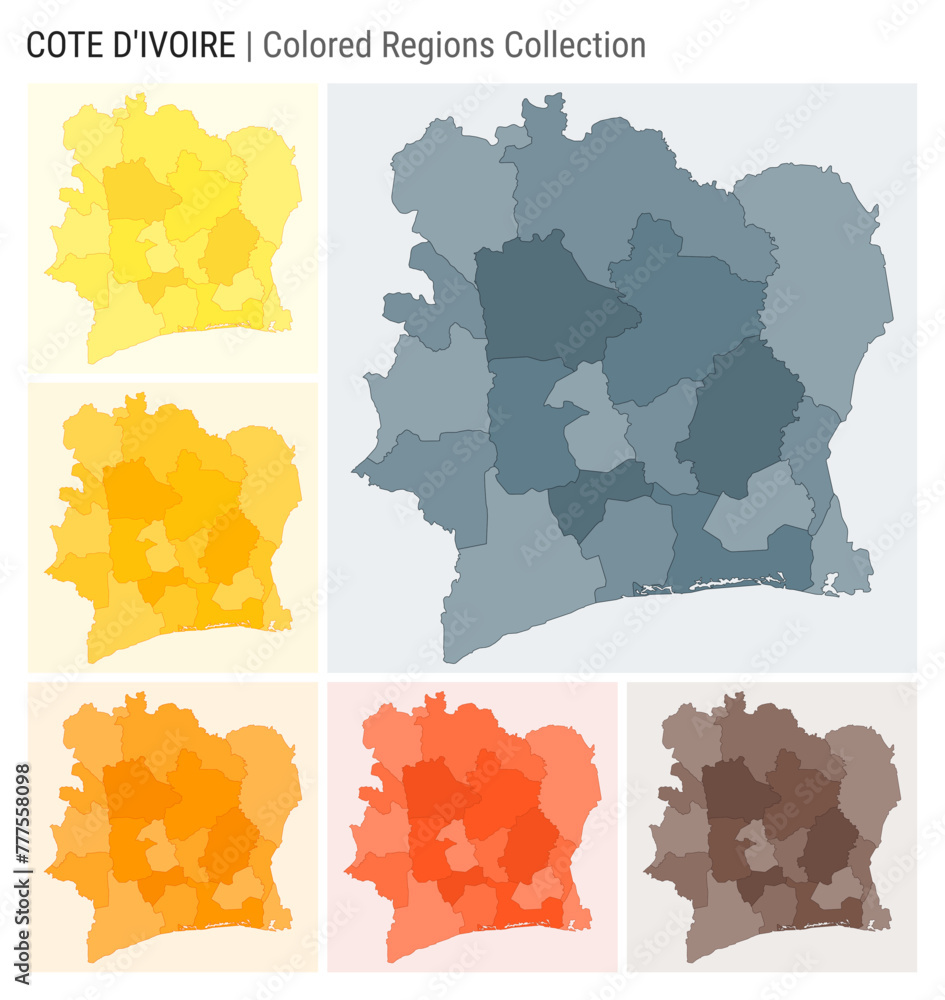 Ivory Coast map collection. Country shape with colored regions. Blue ...