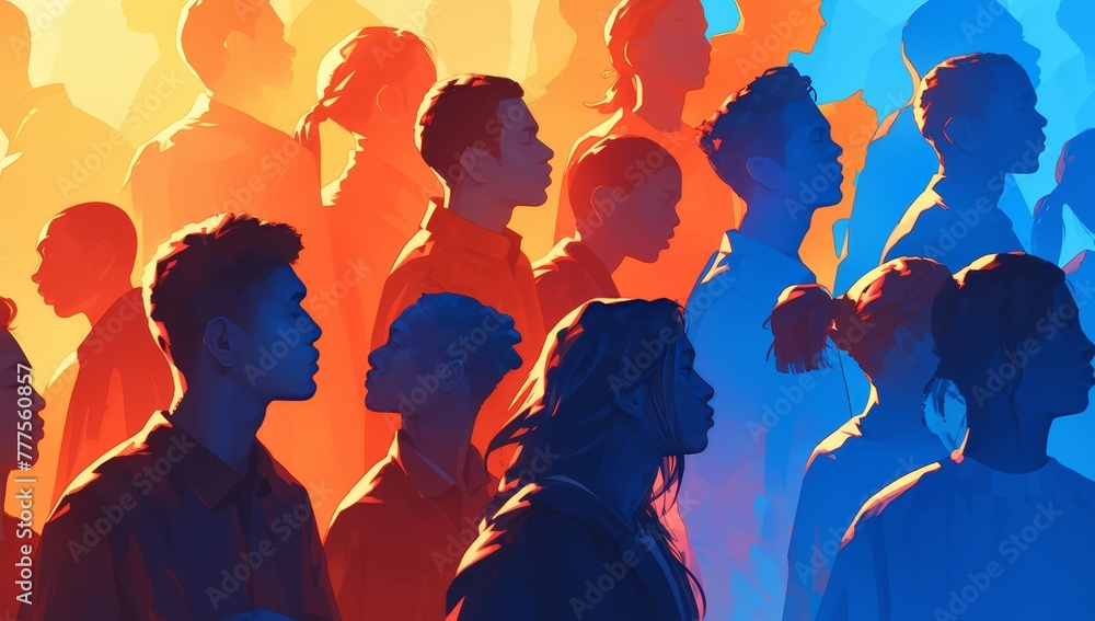 A large group of people, each with their own unique color and shape ...