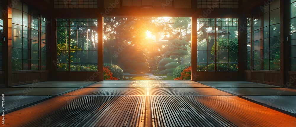 Digital art of tatami mats in a traditional dojo setting. Concept ...