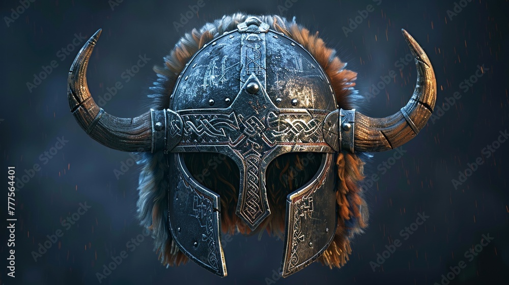 Animated Viking helmet, metal with fierce horns, fur detailing ...