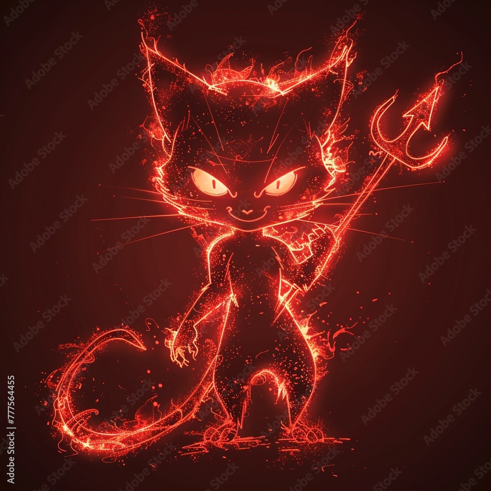 Cartoon devil cat, Halloween flames, trident held high, threequarter ...