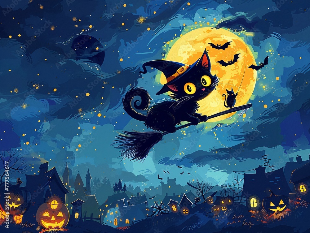 Cartoon flying cat, witch hat, big yellow eyes, on a broom, fun ...