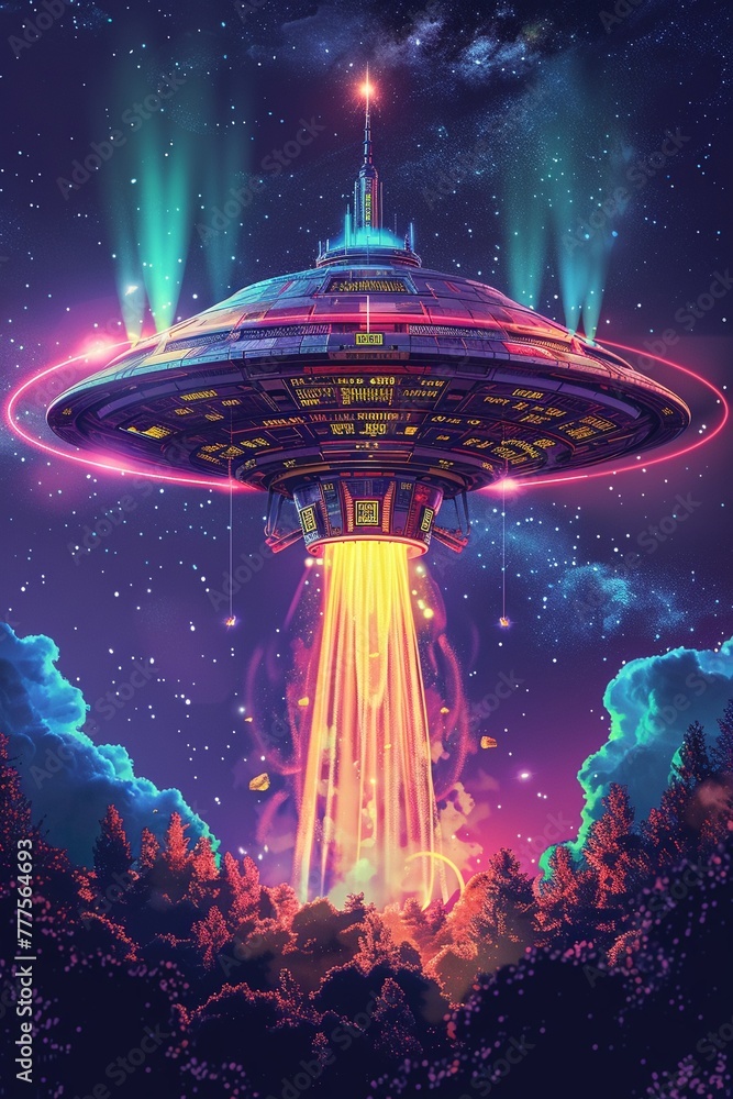 Cartoon UFO, green alien craft, emitting laser ray, equipped with QR ...