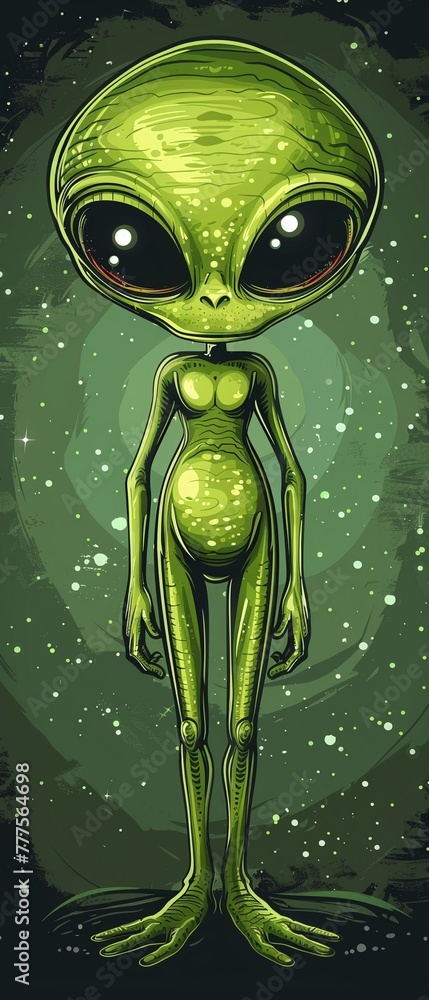 Cartoonstyle green alien UFO, laser beam active, side QR code, name ...