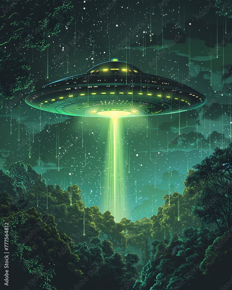 Flying UFO, alien green, laser ray pointing down, QR code feature, name ...