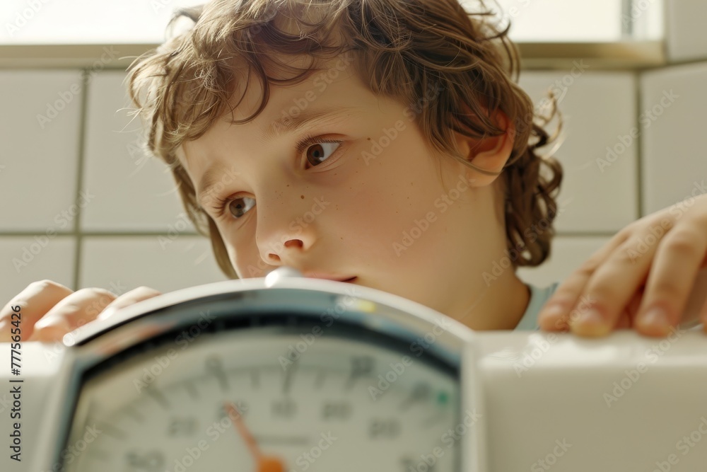 Child weighing on scale, concept of childhood obesity and health Stock ...