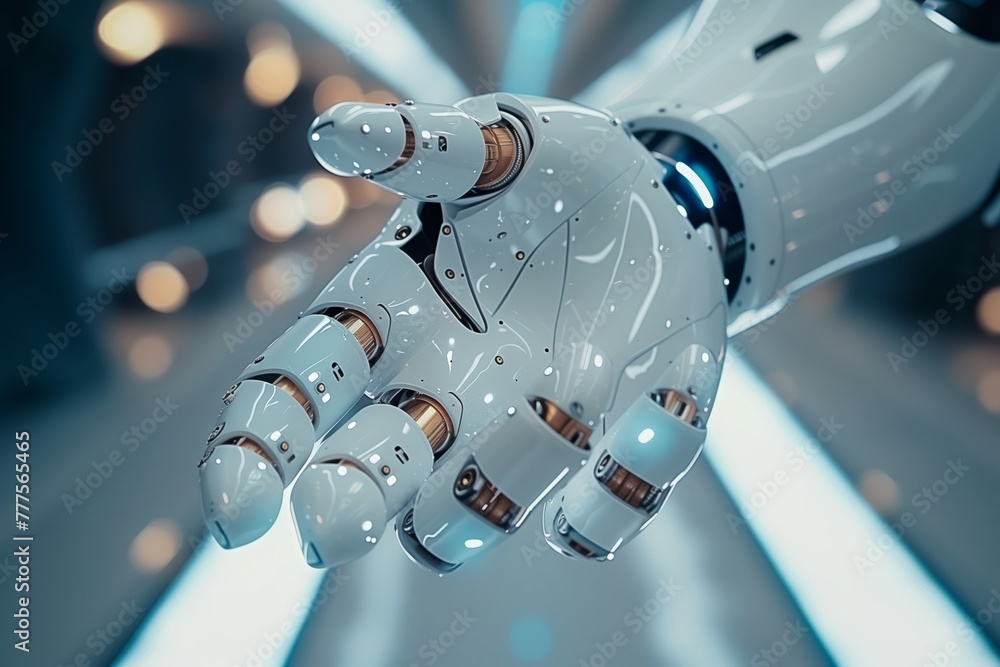Advanced robotic hand, sleek with white plating, poised against ...