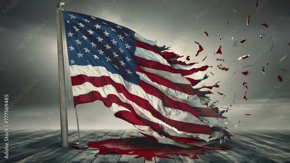 Symbolism of a torn American flag reflecting a decrease in patriotism ...