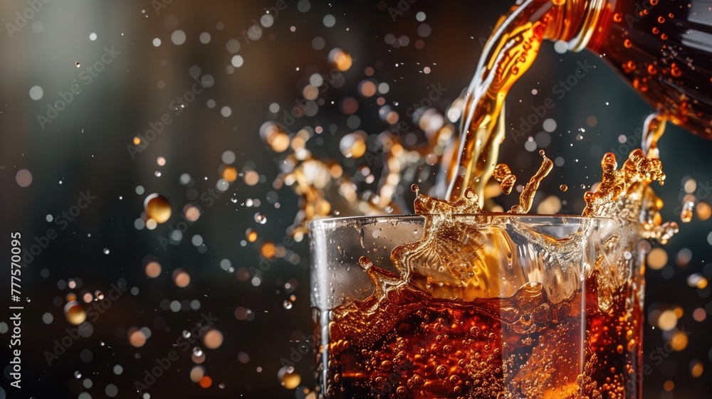 Soda being poured into glass, causing fizzy splash with droplets in air against dark, bokeh ...