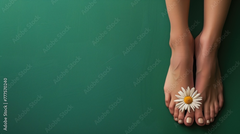 Bare feet with white daisy flower between toes against dark green ...