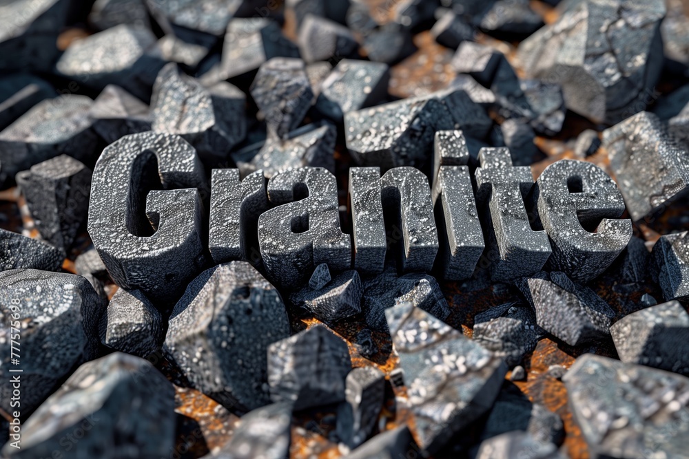 The 3D text Granite stands out against a backdrop of dark crushed ...