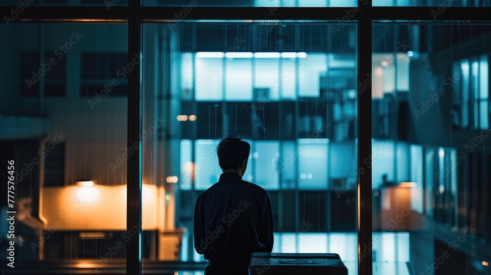 Person in dark room looking out large window at night, with illuminated ...