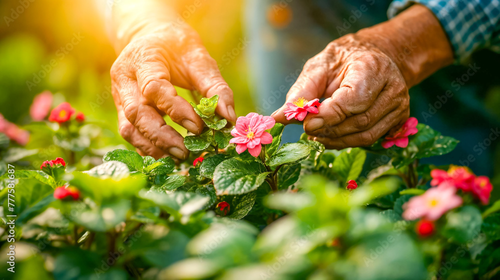 Elderly hands gently care for vibrant pink flowers in a lush garden ...