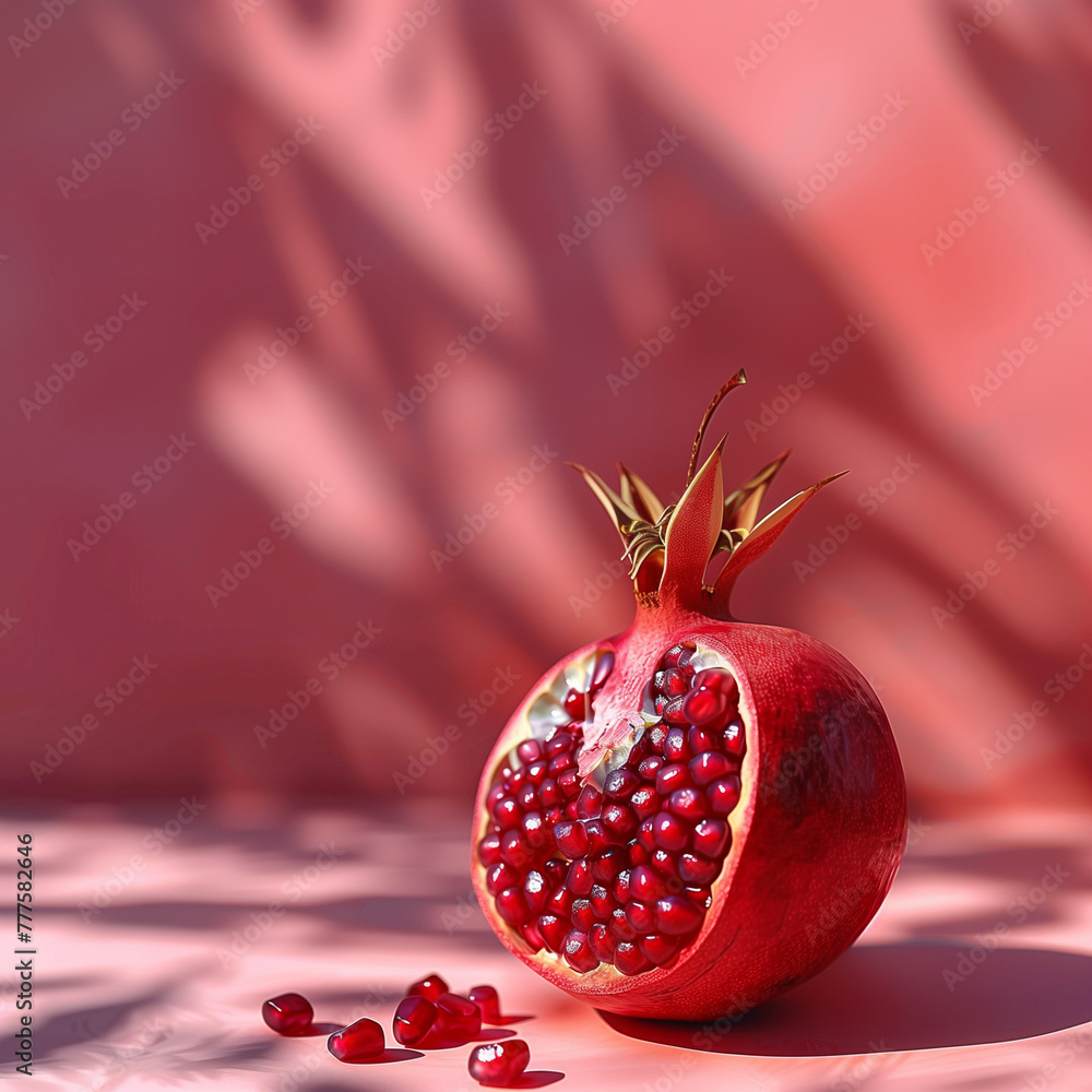 Fresh juicy pomegranate bright background design. Natural organic red ...