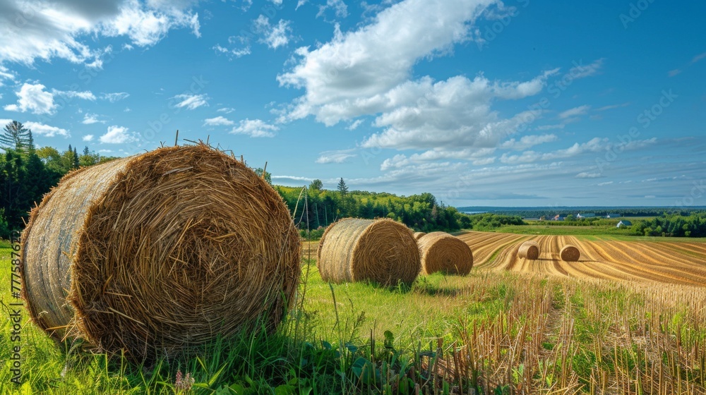 Hay bale. Agriculture field with sky. Rural nature in the farm land ...