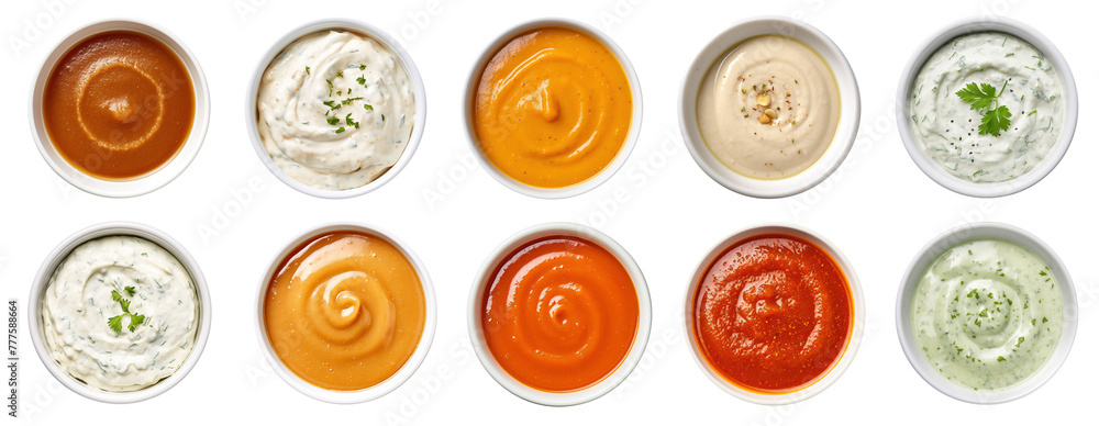 Variety of different dipping sauces in small bowls, view from above ...
