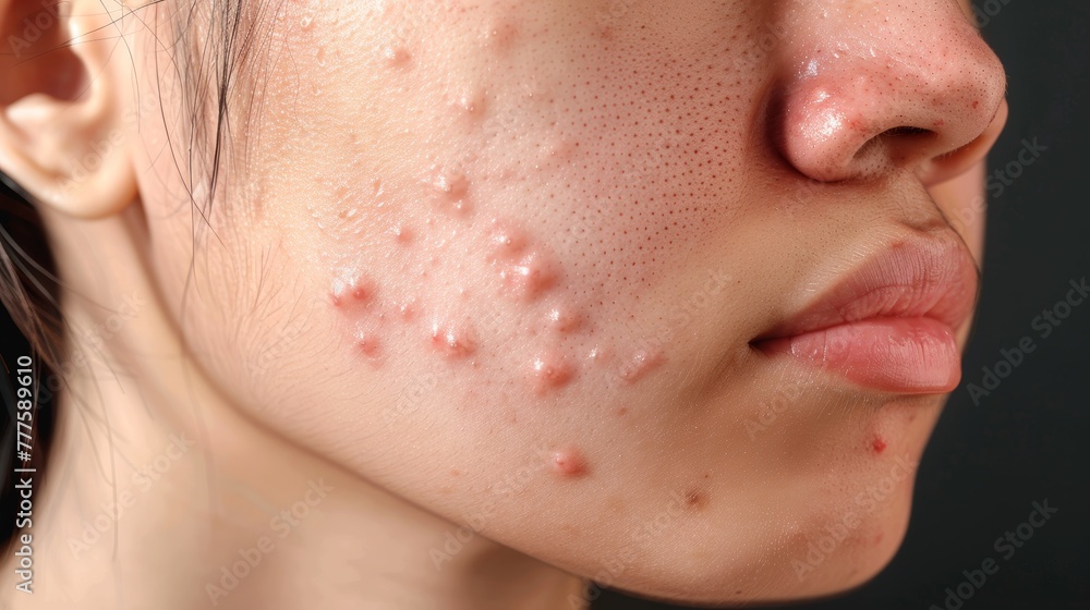 acne on woman face with rash skin, scar, and red skin syndrome allergic ...