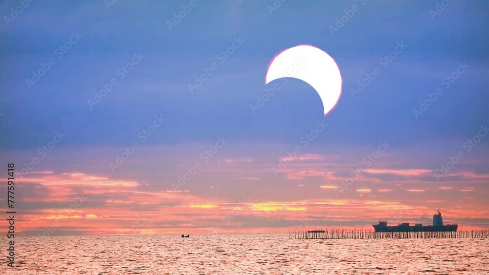 solar eclipse sunset on the ocean with cargo ship and red orange yellow ...