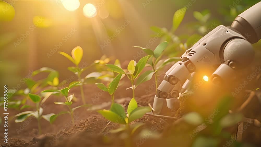 robot hand planting seedling. Environmental technology concept. Robot ...