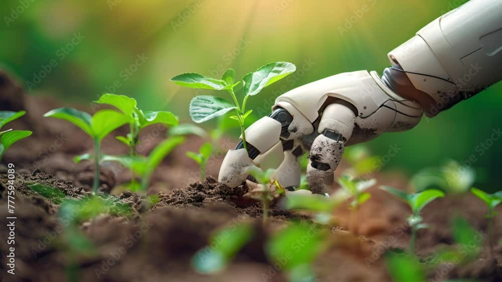 robot hand planting seedling. Environmental technology concept. Robot ...