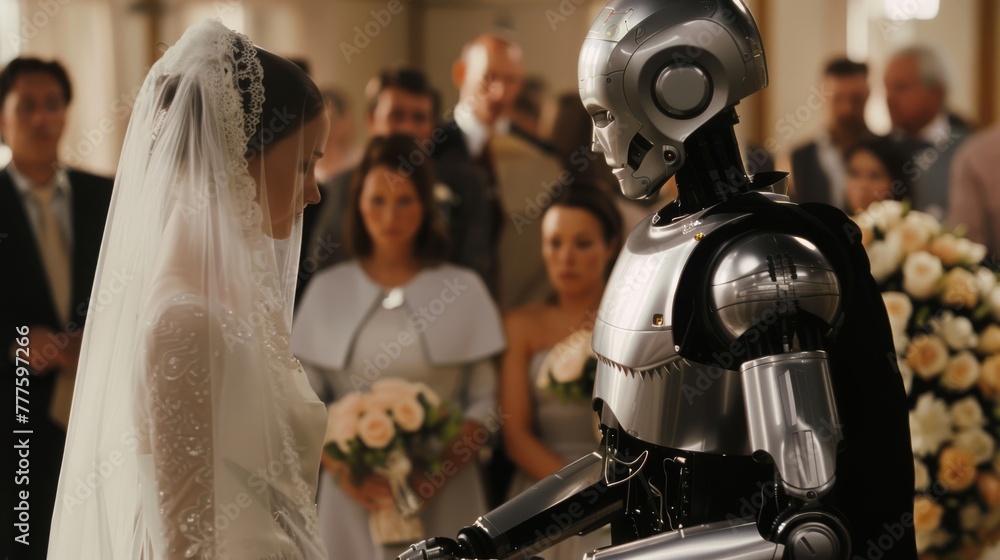 Bride in a white dress at futuristic wedding with a robot. Concept of ...