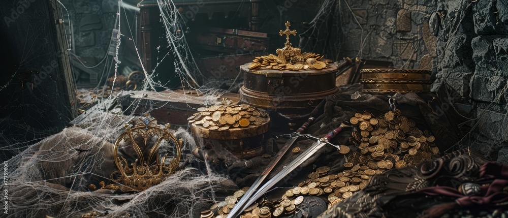 An abandoned castle's treasury, where cobwebs drape over piles of ...