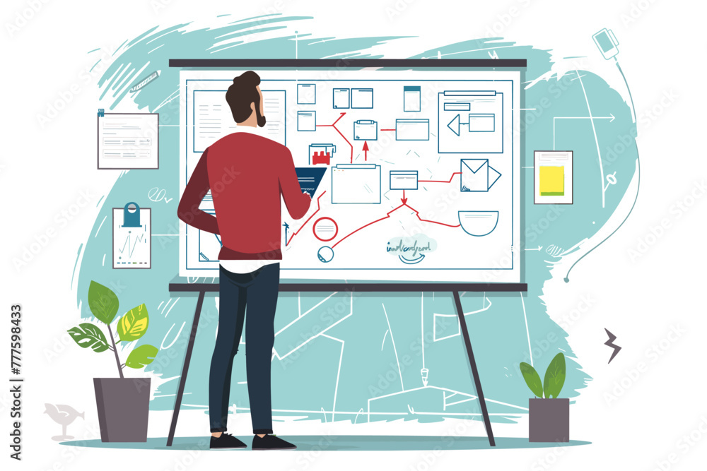 Focused businessman creates a detailed mind map on a whiteboard ...