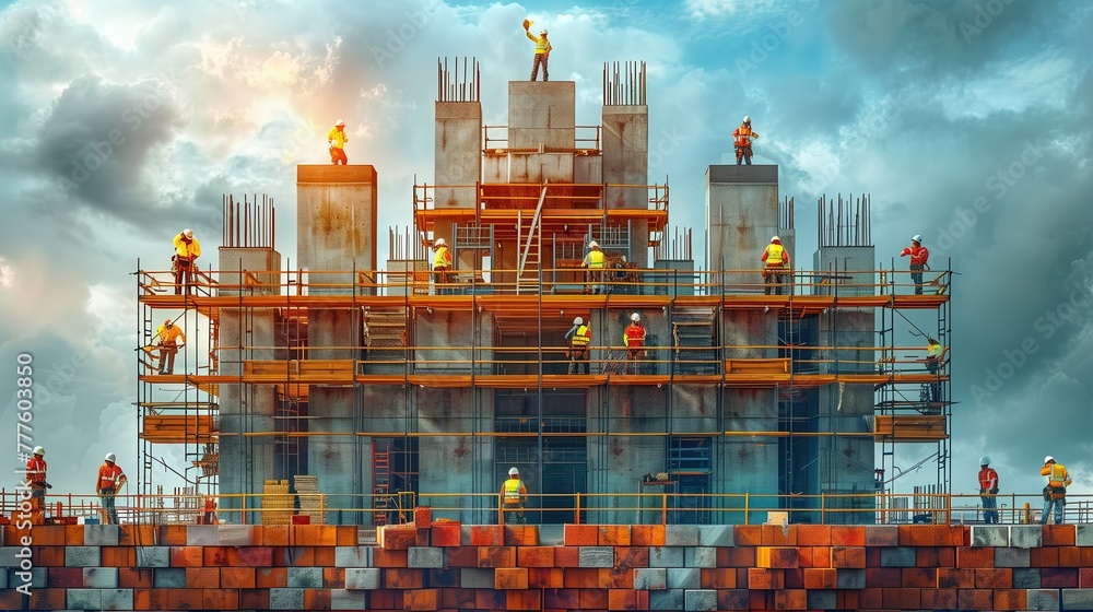 Large construction site with many construction workers. Including many ...