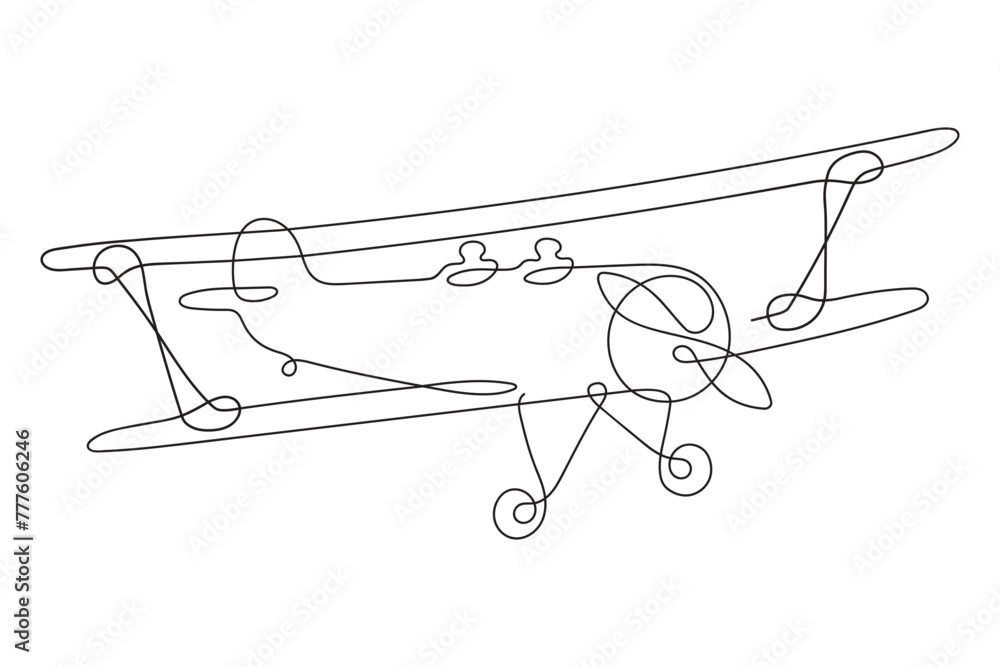 Airplane with a propeller and two wings flies in the sky. One line ...