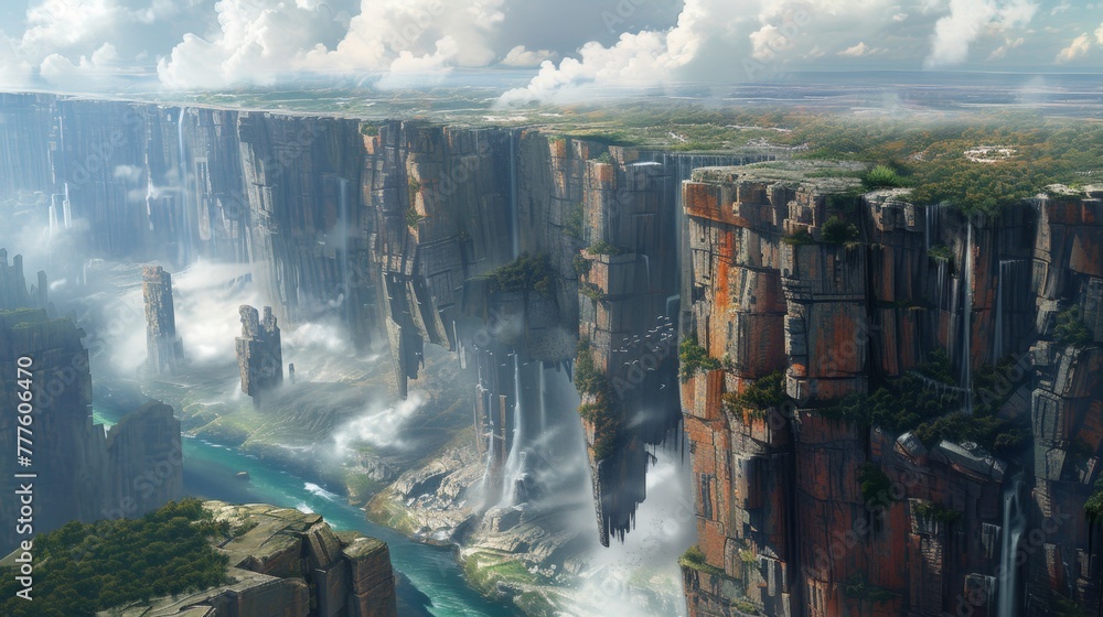 The edge of a massive chasm, where the earth splits open revealing ...