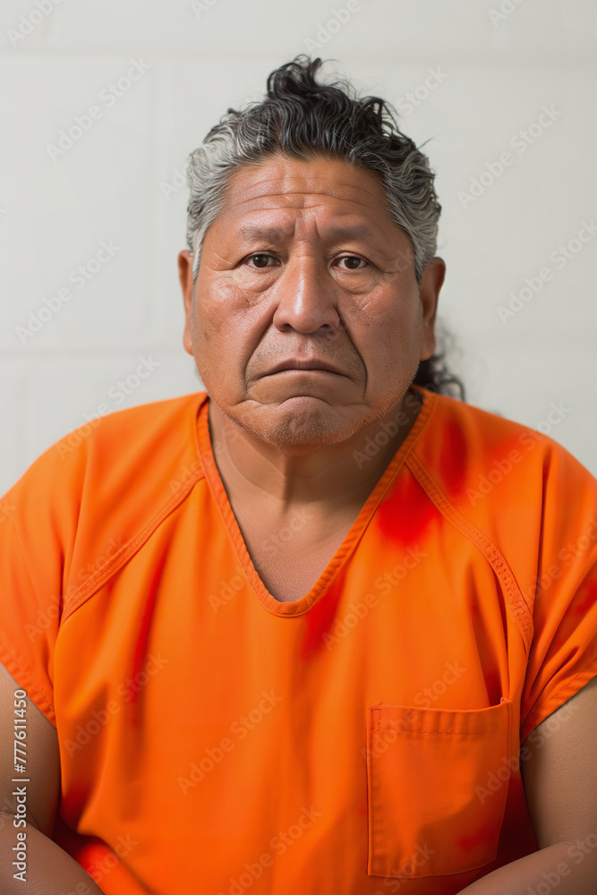 Mugshot of middle aged Native American male prisoner in orange jumpsuit ...