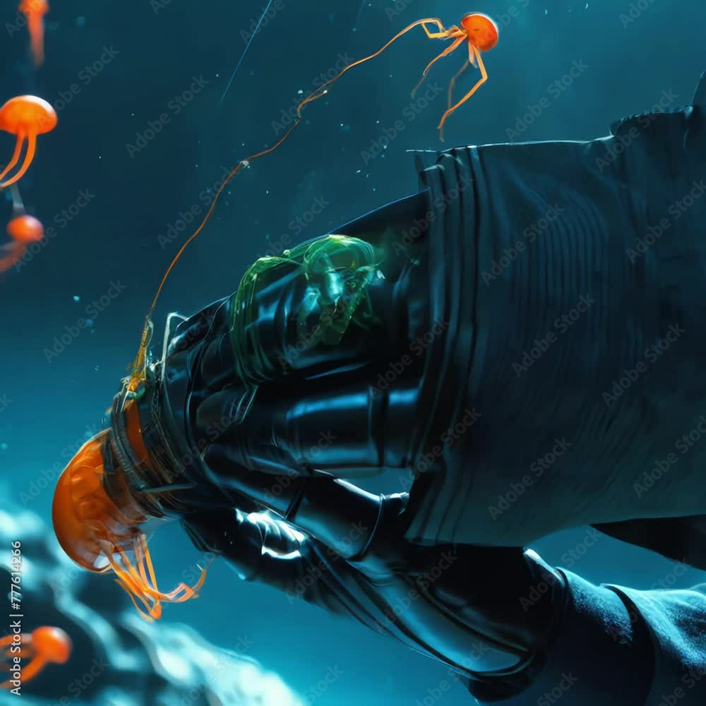 A deep-sea diver with giant jelly fish, deep sea animals, mysterious ...