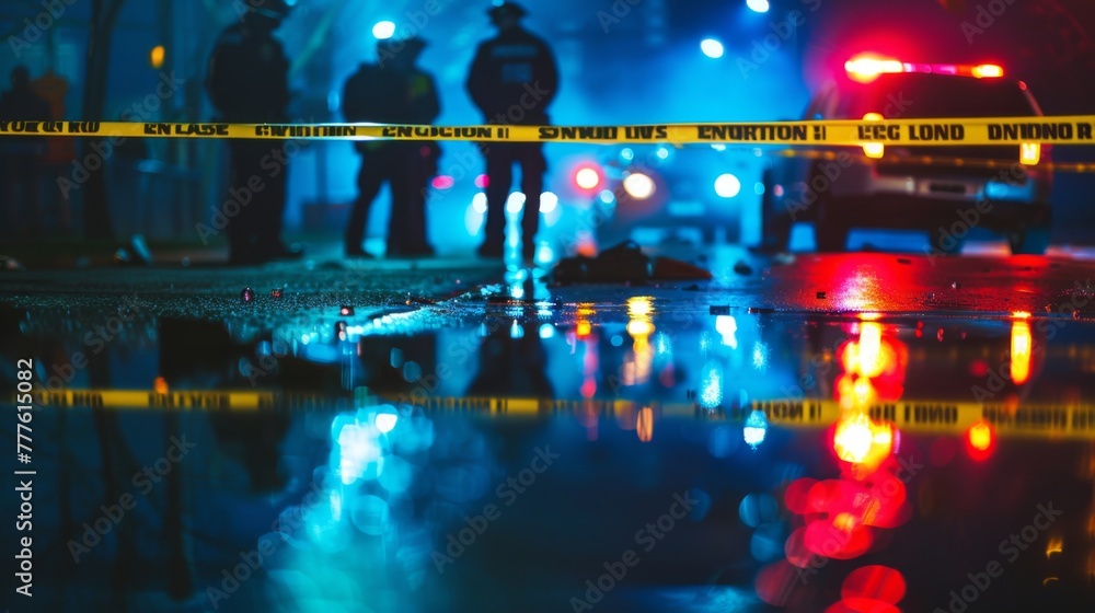 Secure tape marks the boundary, with police officers and detectives ...