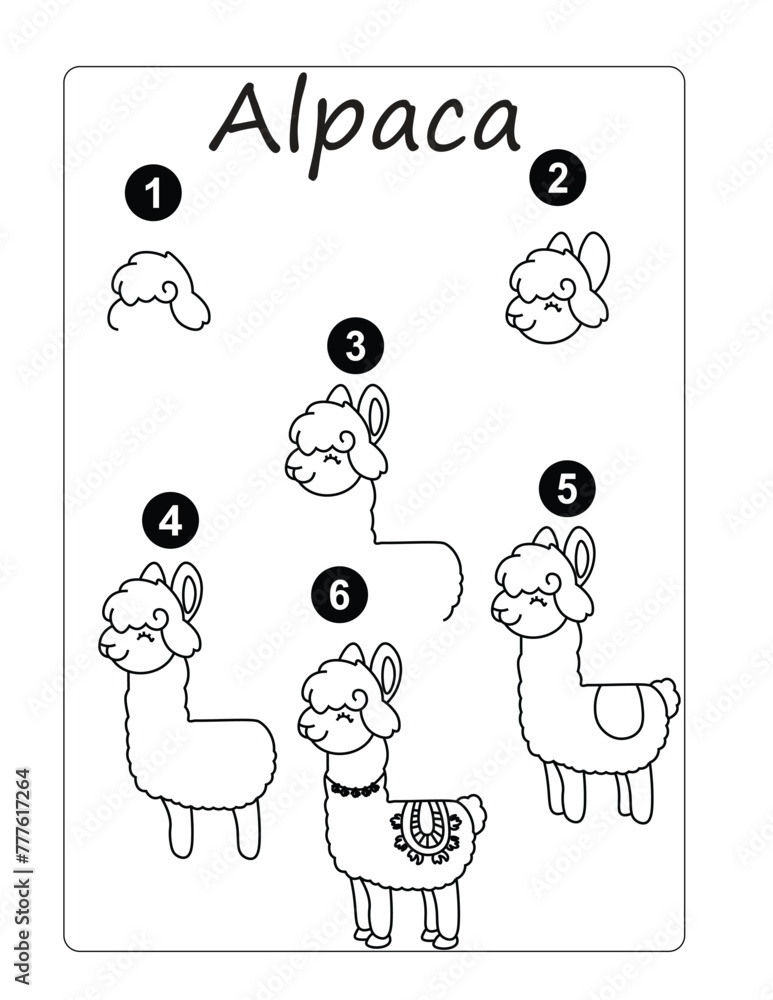 Alpaca. Book page, drawing step by step. Black and white vector ...