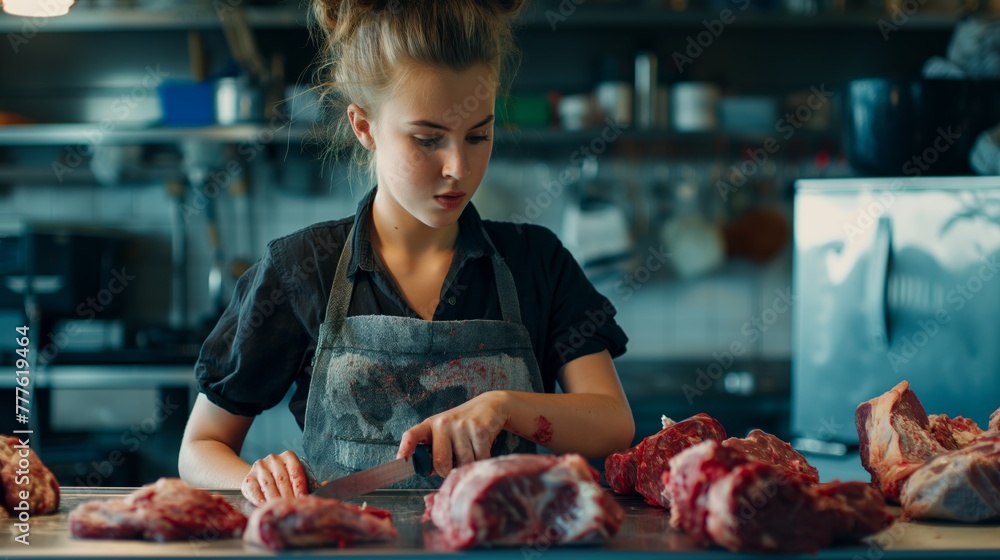 A tender, fragile and beautiful butcher girl behind the counter with ...