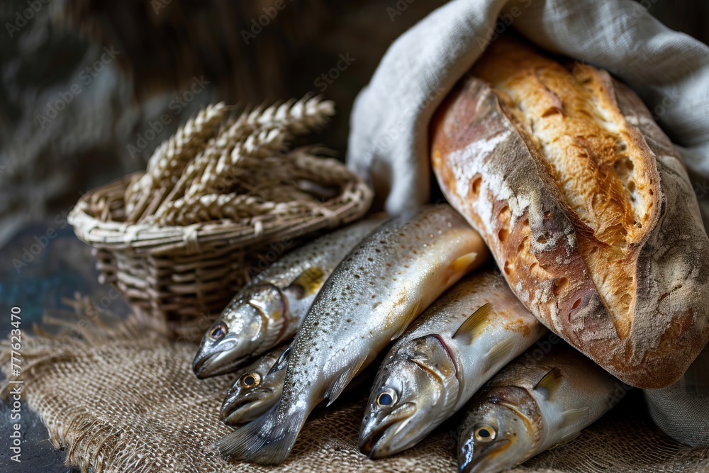 Five loaves of bread and two fishes, Bible story. Stock Photo | Adobe Stock