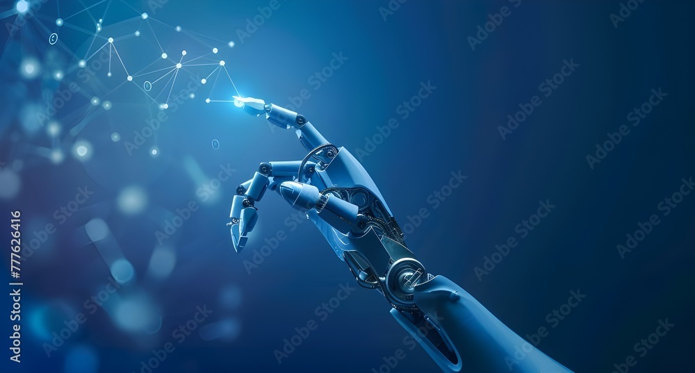 A human hand and an AI robot's finger touch, with digital data flowing ...