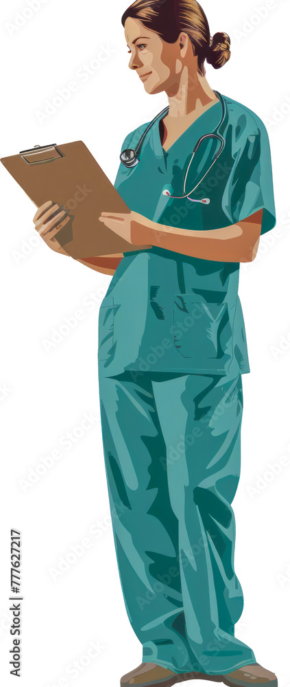 Confident animated nurse with clipboard reviewing patient care details ...