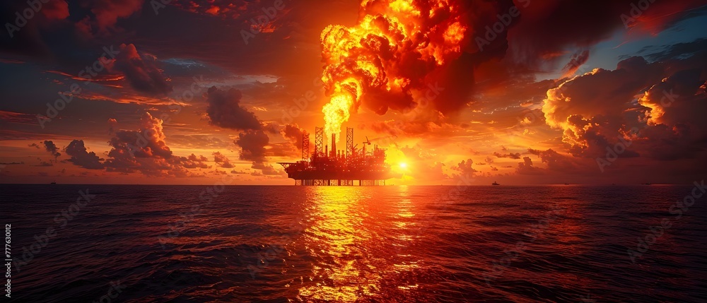 Fire and chaos on offshore oil rig at sunset due to gas explosion ...